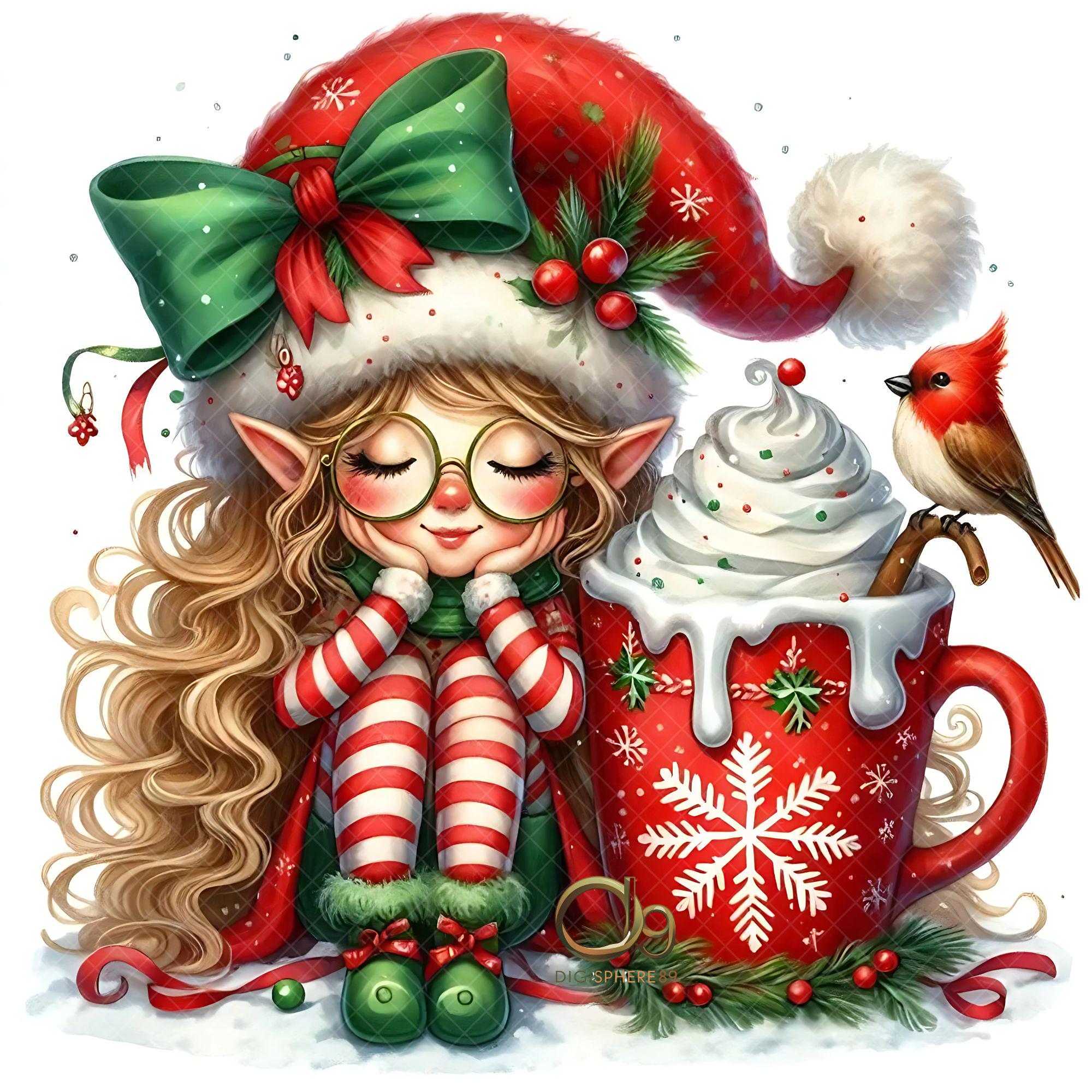 Whimsical Christmas Elf With Cardinal Clipart, 11 High Res Jpgs for ...