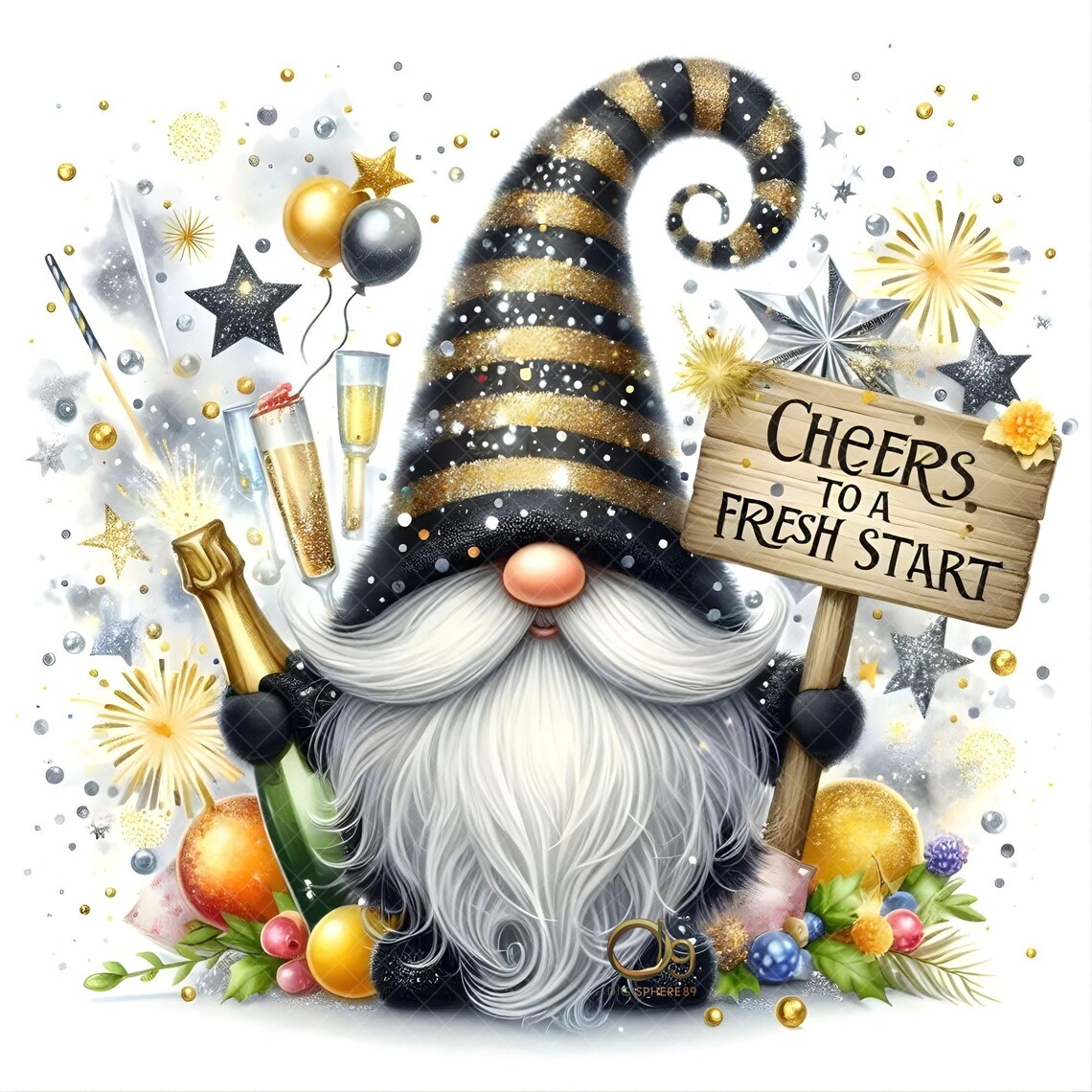 Happy New Year Gnomes Clipart, 12 High Res Jpgs, Watercolor Festive ...