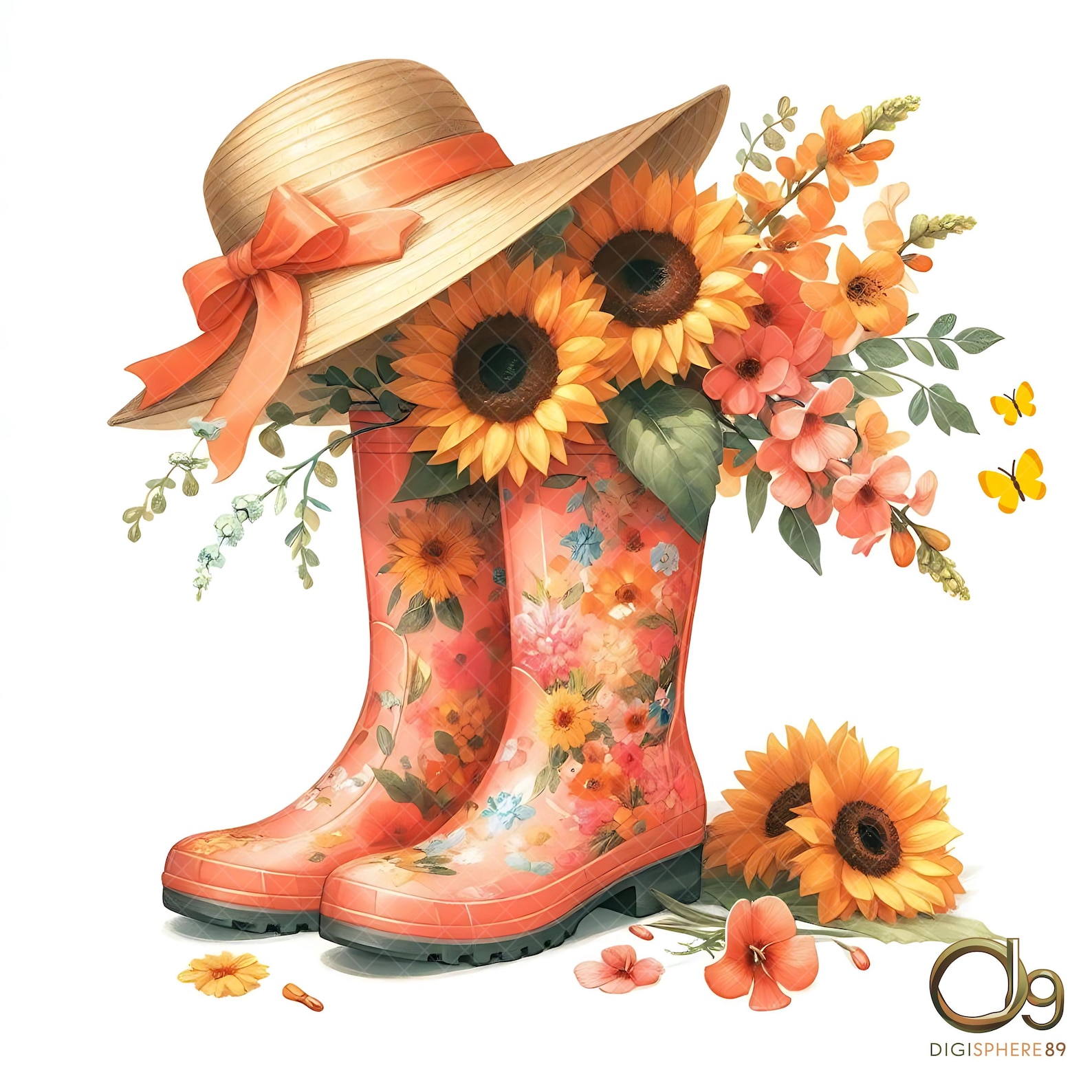 Floral Garden Boots Clipart, 10 High-quality Jpgs, Watercolor Flower ...