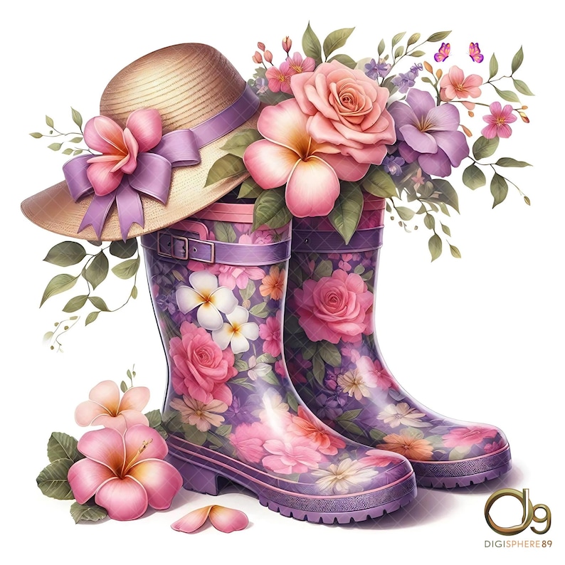 Floral Garden Boots Clipart, 10 High-quality Jpgs, Watercolor Flower ...