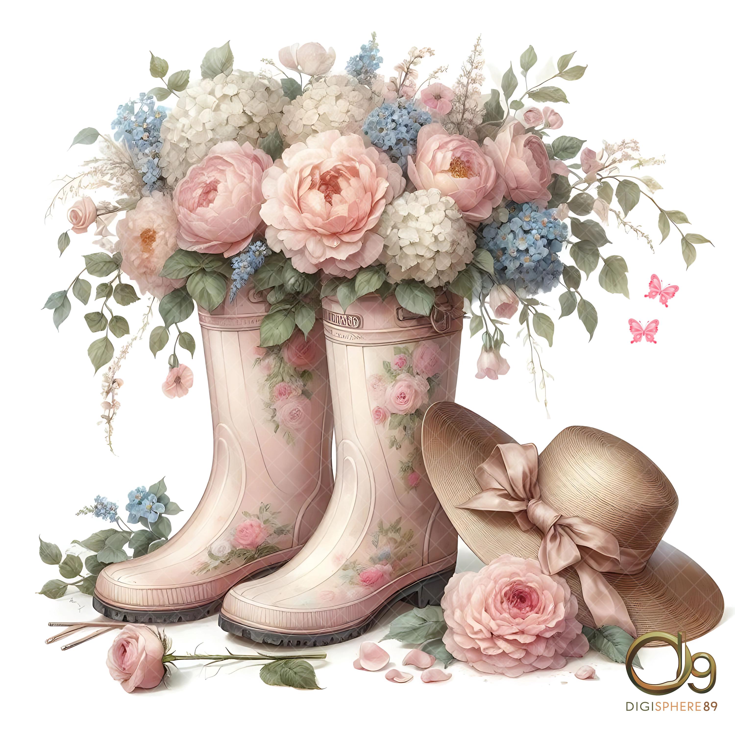 Floral Garden Boots Clipart, 10 High-quality Jpgs, Watercolor Flower ...