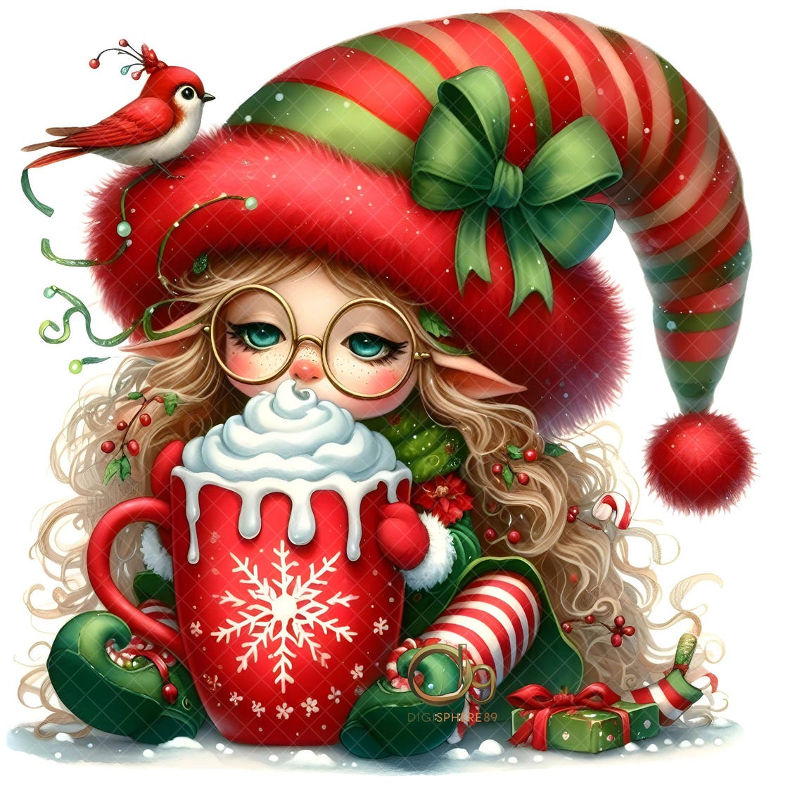 Whimsical Christmas Elf With Cardinal Clipart, 11 High Res Jpgs for ...