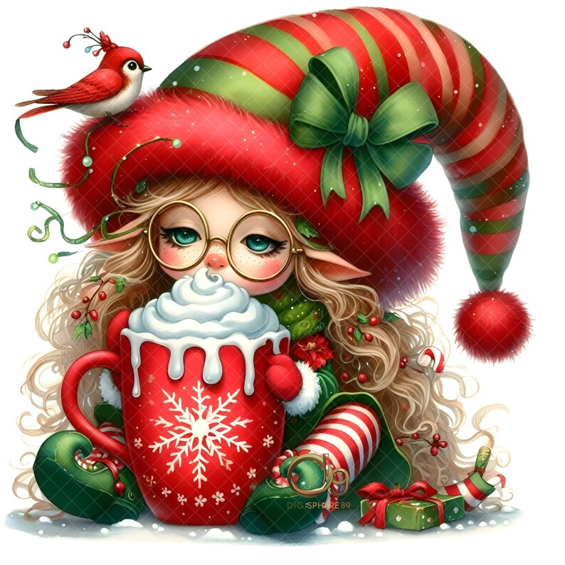 Whimsical Christmas Elf With Cardinal Clipart, 11 High Res Jpgs for ...