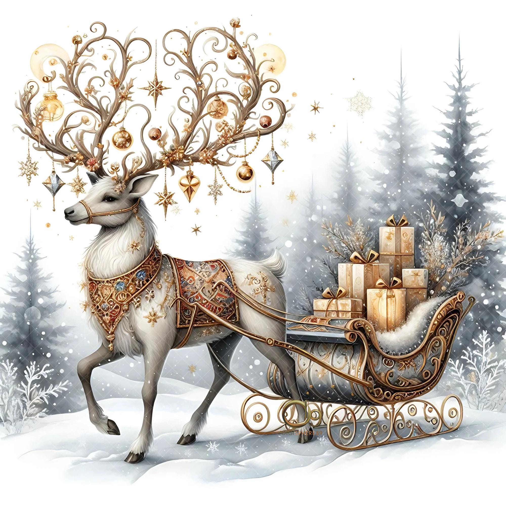 Woodland Reindeer Sleigh Clipart 10 High Res Watercolor Jpgs Christmas ...
