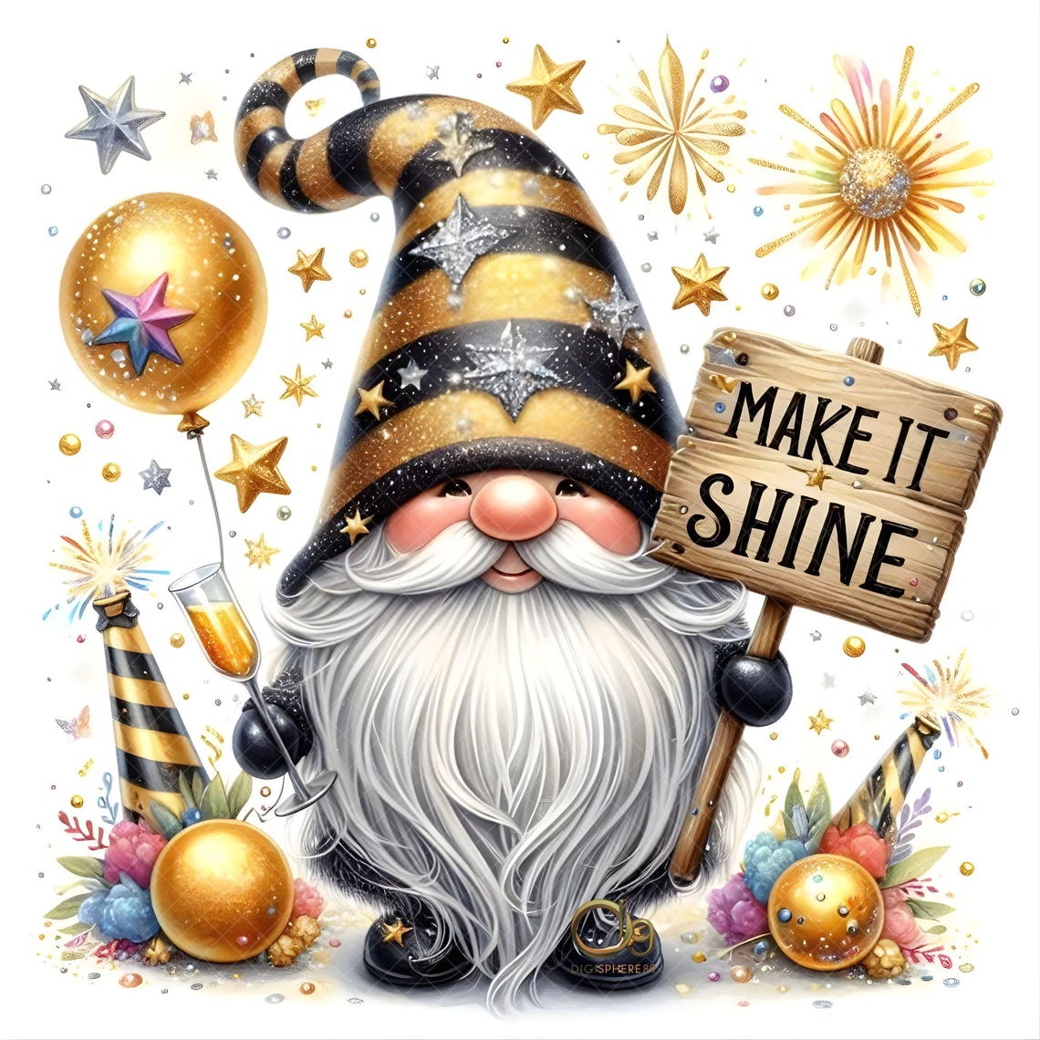 Happy New Year Gnomes Clipart, 12 High Res Jpgs, Watercolor Festive ...