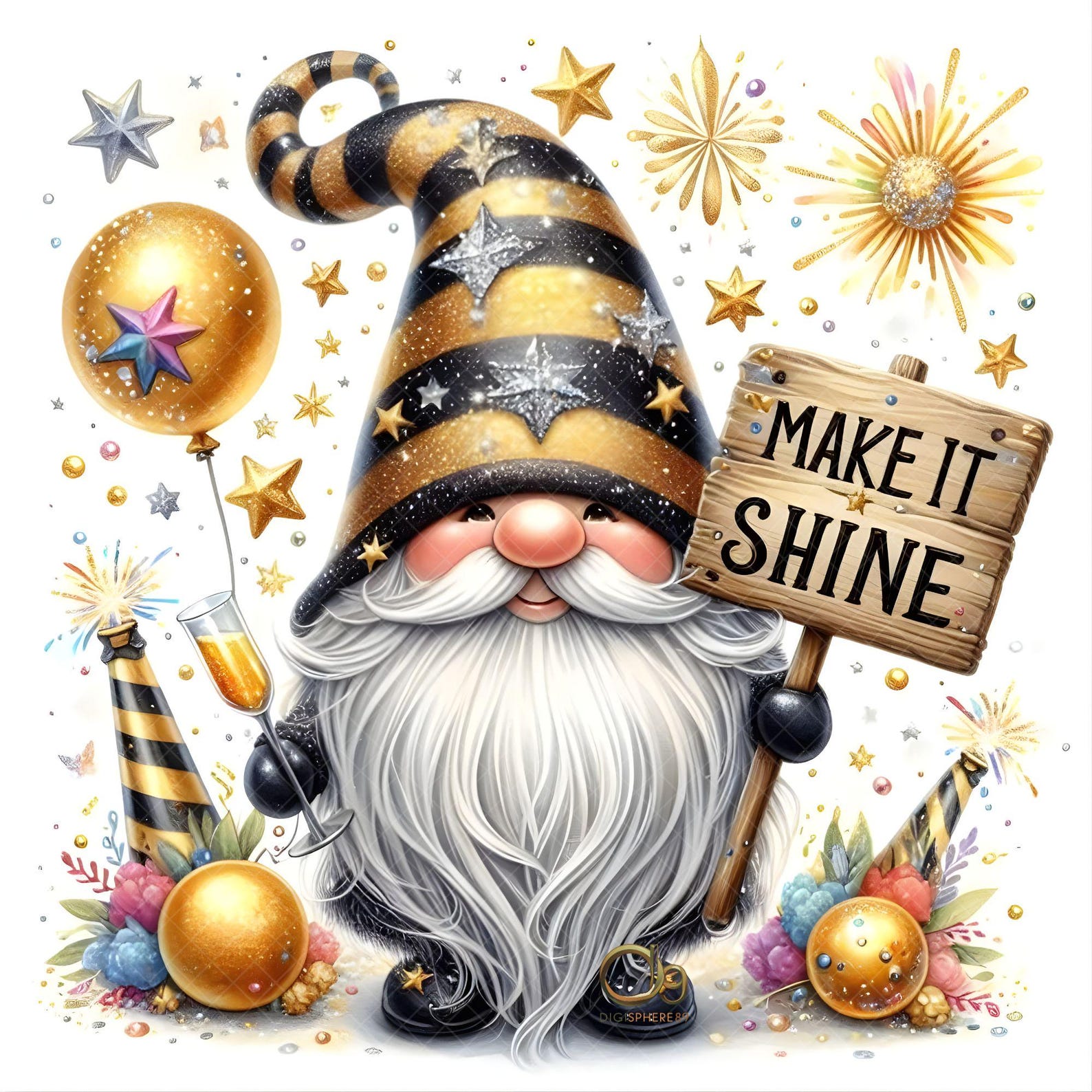 Happy New Year Gnomes Clipart, 12 High Res Jpgs, Watercolor Festive ...