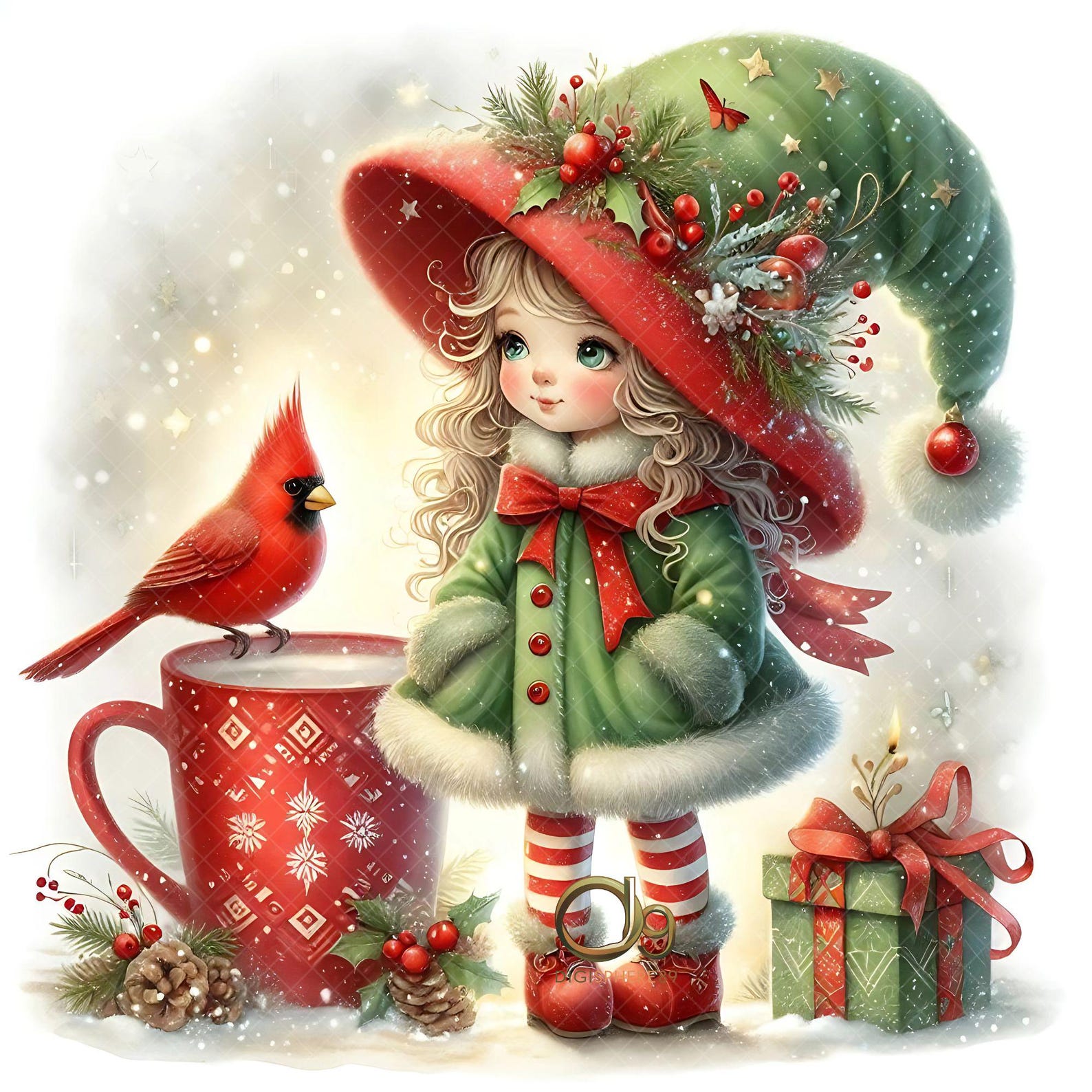 Whimsical Christmas Elf With Cardinal Clipart, 11 High Res Jpgs for ...