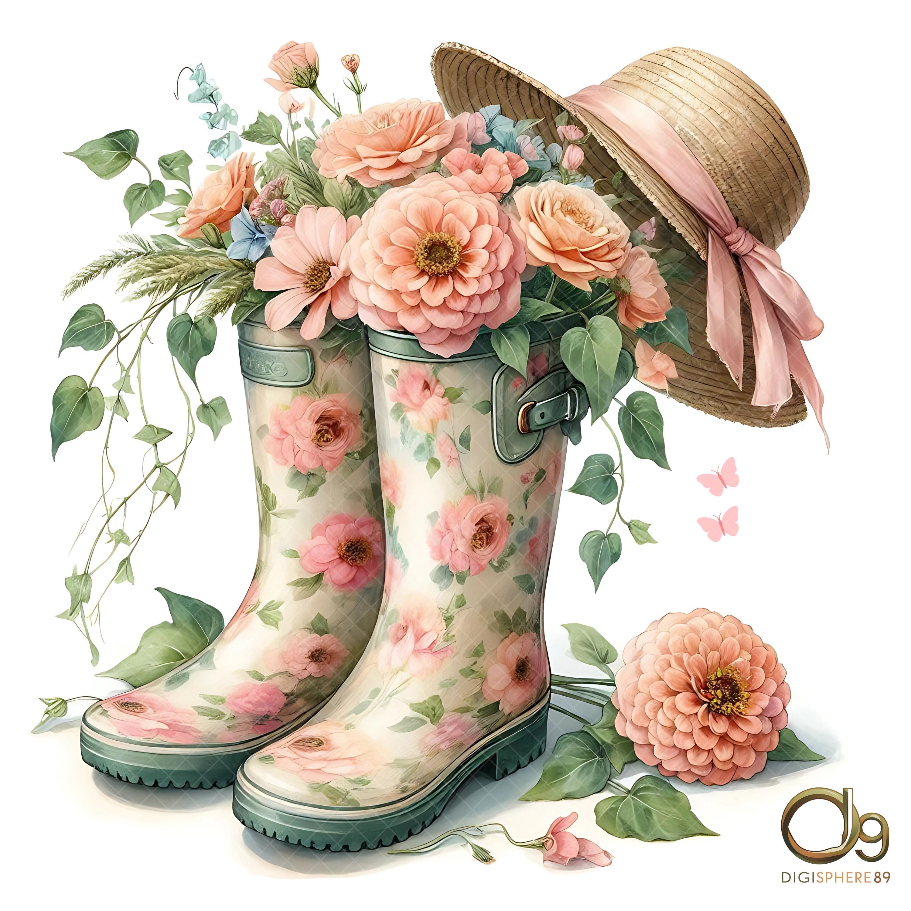 Floral Garden Boots Clipart, 10 High-quality Jpgs, Watercolor Flower ...