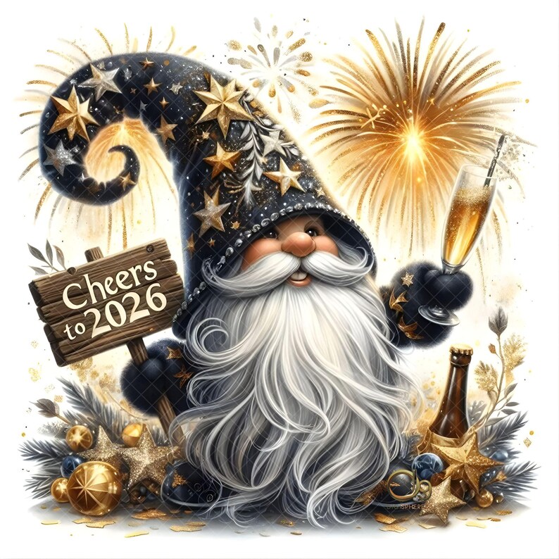 Happy New Year Gnomes Clipart, 12 High Res Jpgs, Watercolor Festive ...