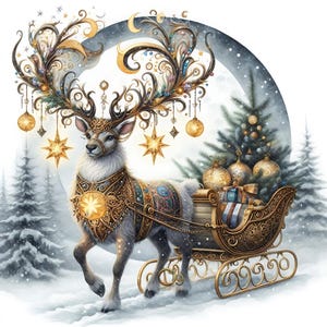 Woodland Reindeer Sleigh Clipart 10 High Res Watercolor Jpgs Christmas ...