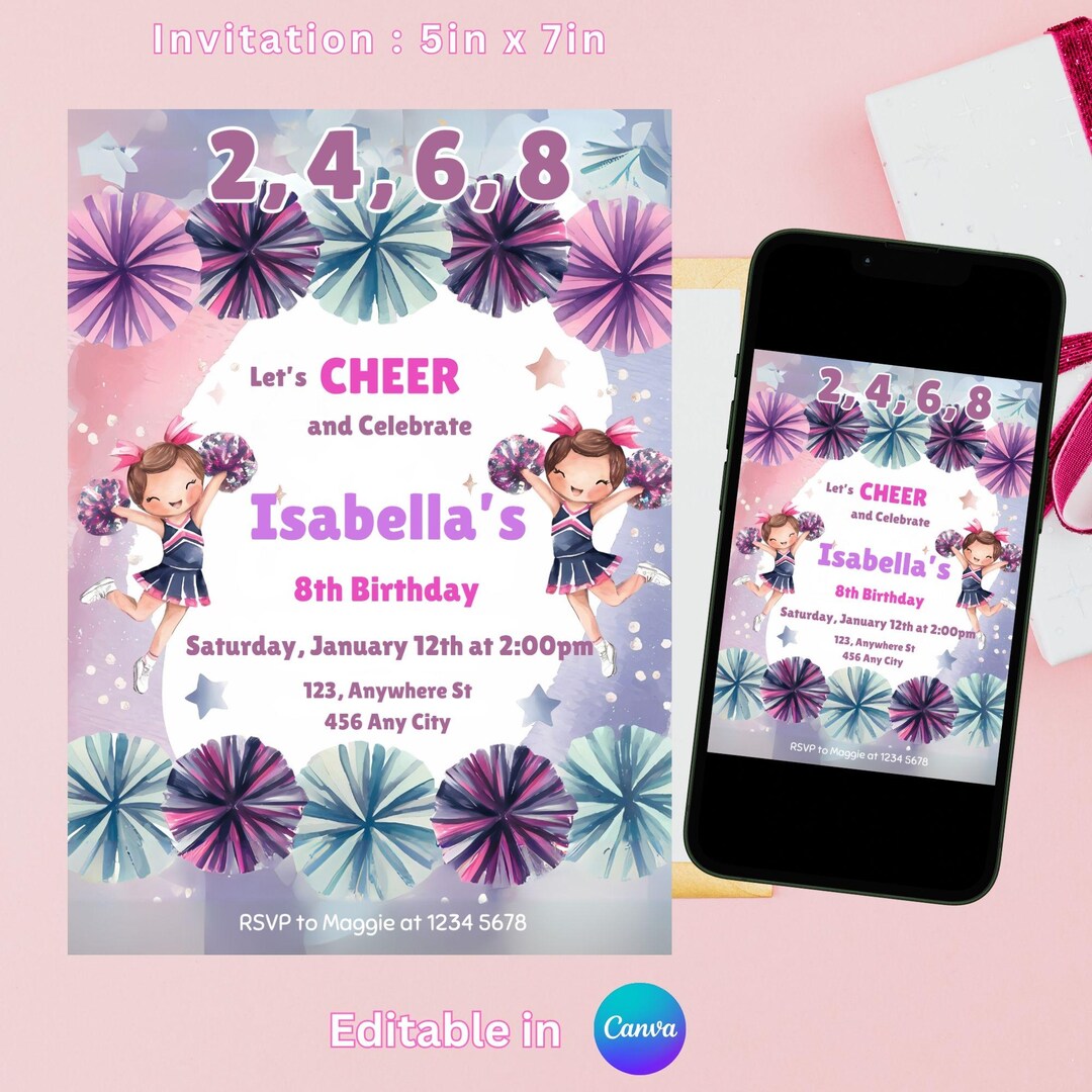 Girl Cheerleader Invitation Template, Cheer Birthday Invite, Pink ...