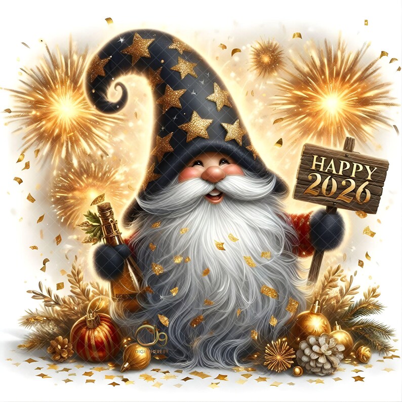Happy New Year Gnomes Clipart, 12 High Res Jpgs, Watercolor Festive ...