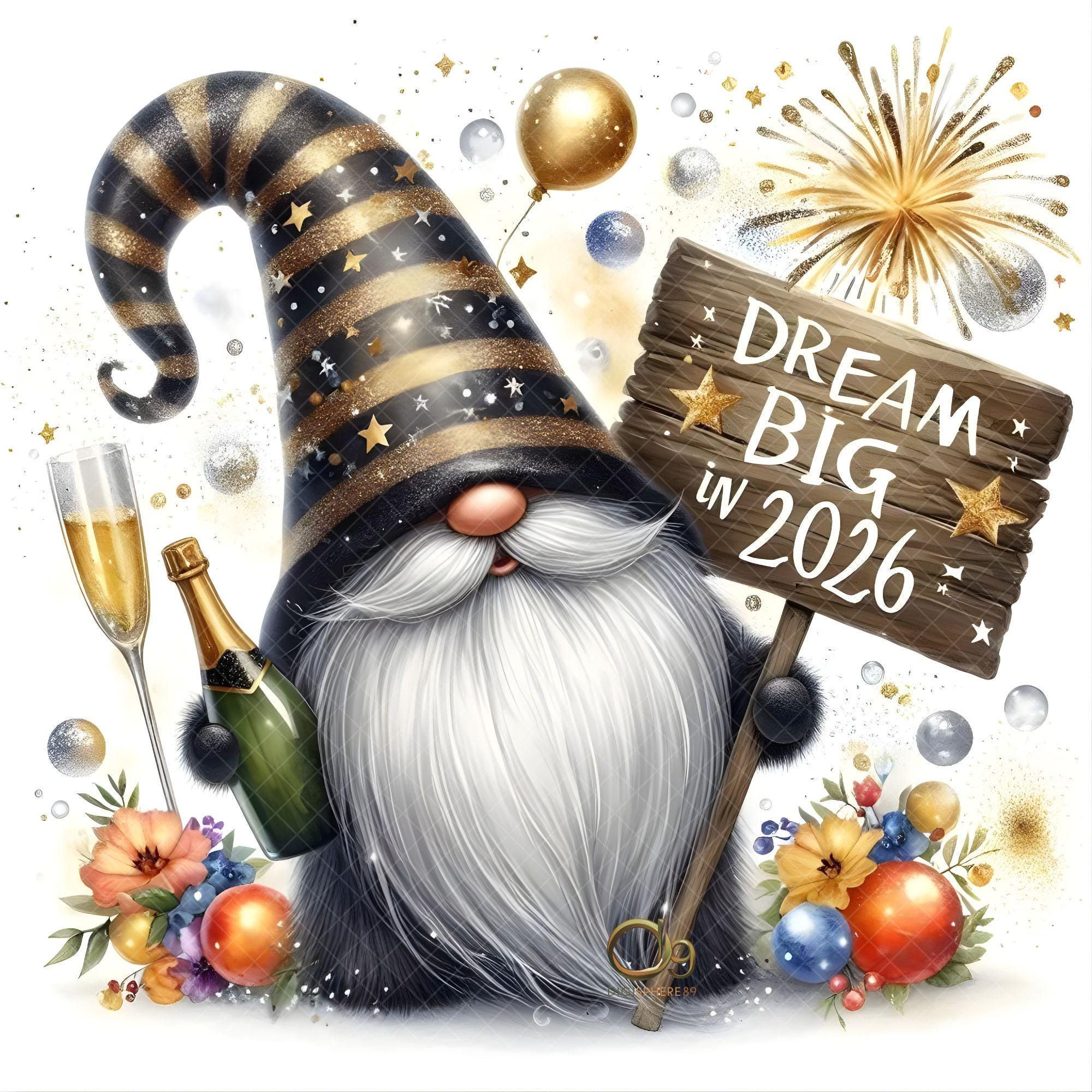 Happy New Year Gnomes Clipart, 12 High Res Jpgs, Watercolor Festive ...