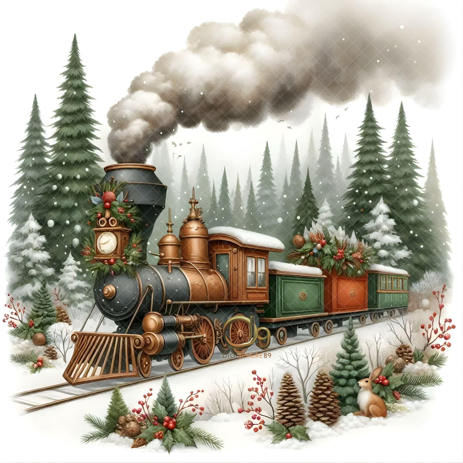 Christmas Train Clipart Set of 10 Jpgs Watercolor Winter Train Festive ...