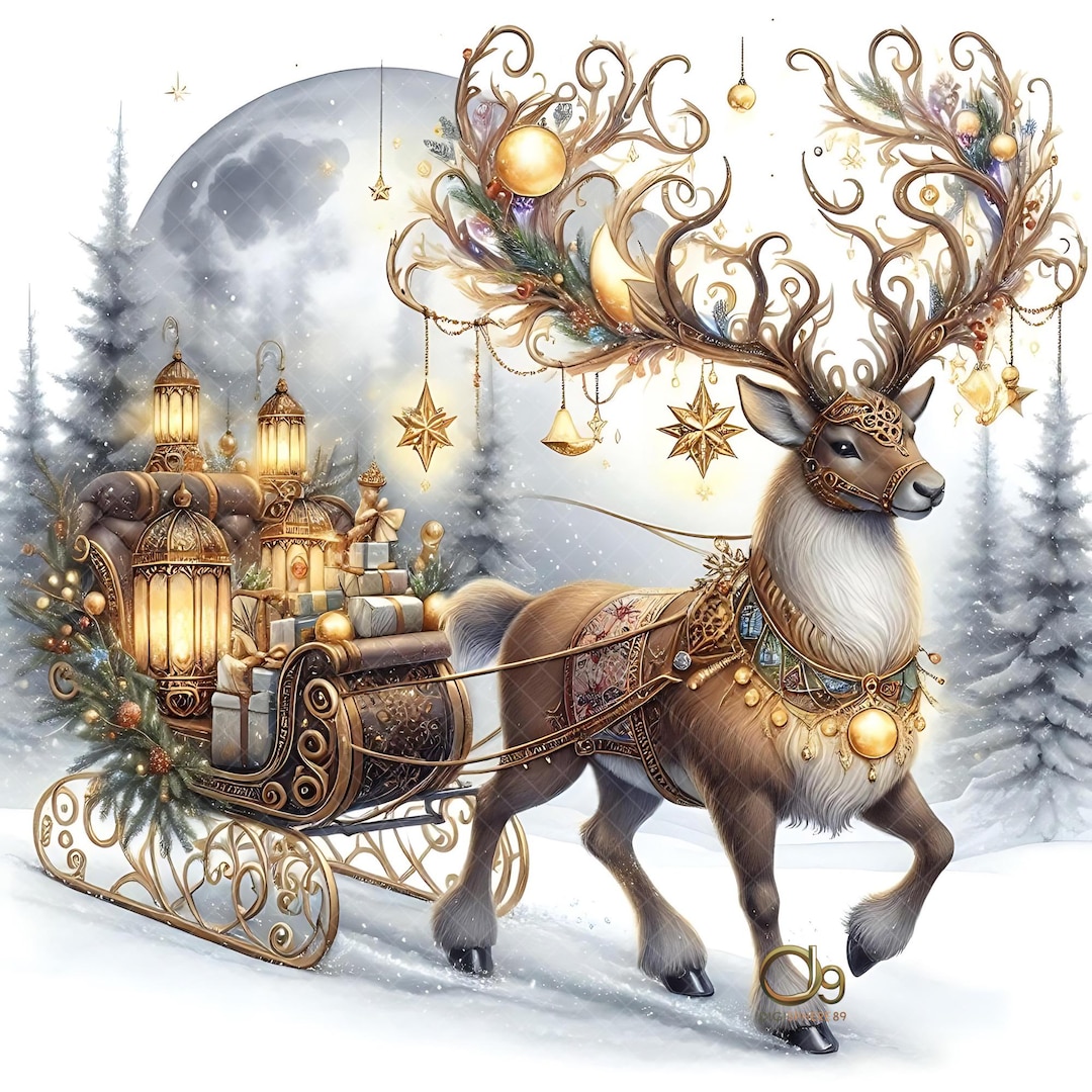 Woodland Reindeer Sleigh Clipart 10 High Res Watercolor Jpgs Christmas ...