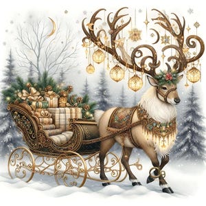 Woodland Reindeer Sleigh Clipart 10 High Res Watercolor Jpgs Christmas ...