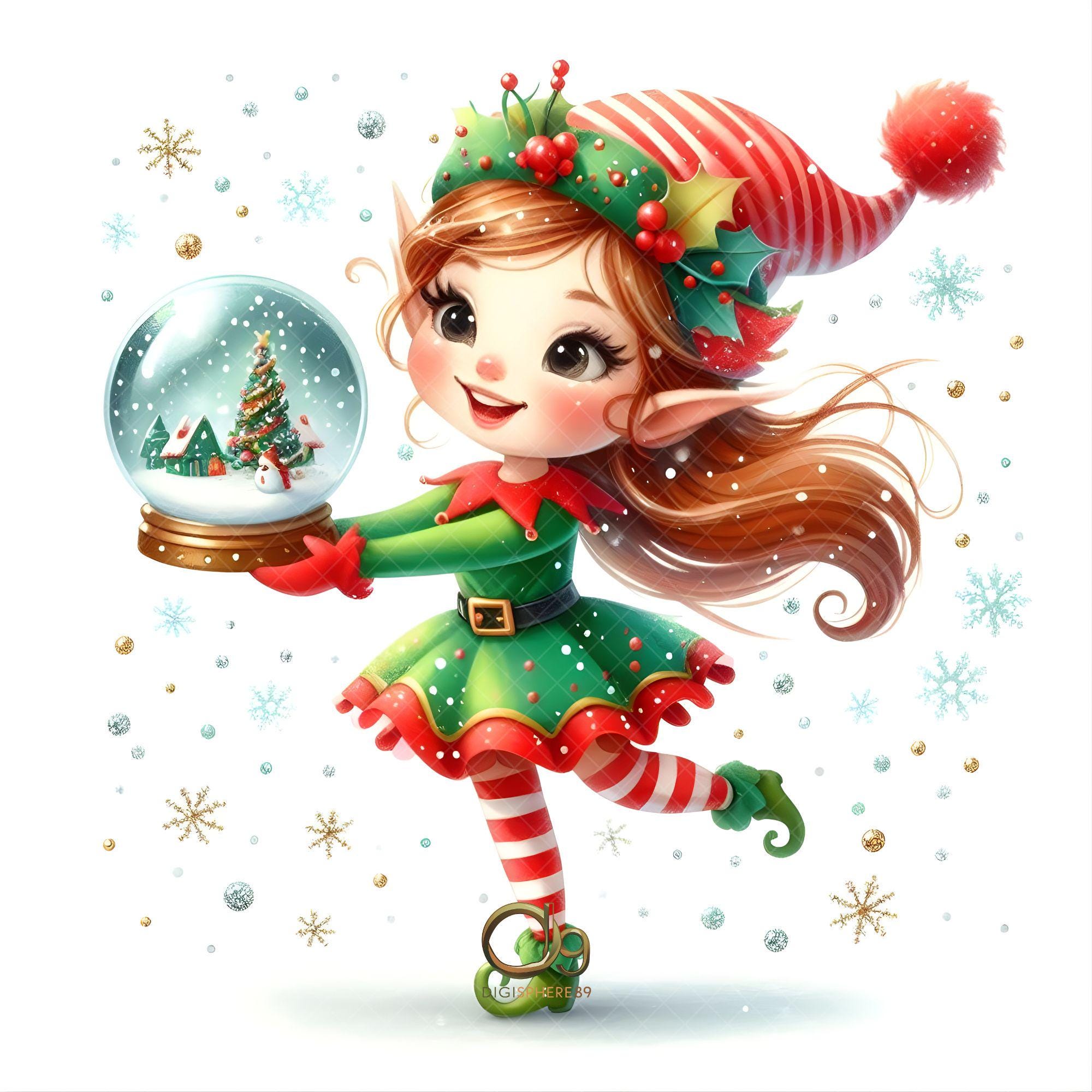 Quirky Christmas Elf With Snow Globe Clipart, 10 High Res Jpgs for Junk ...