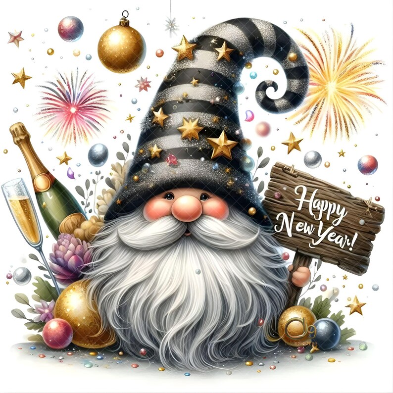 Happy New Year Gnomes Clipart, 12 High Res Jpgs, Watercolor Festive ...