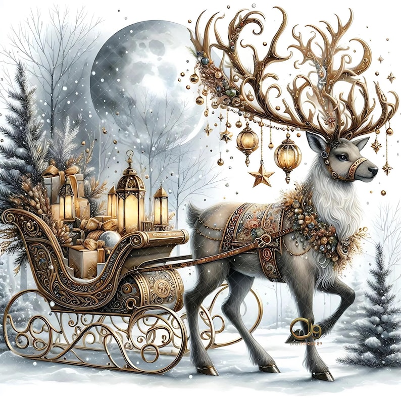 Woodland Reindeer Sleigh Clipart 10 High Res Watercolor Jpgs Christmas ...