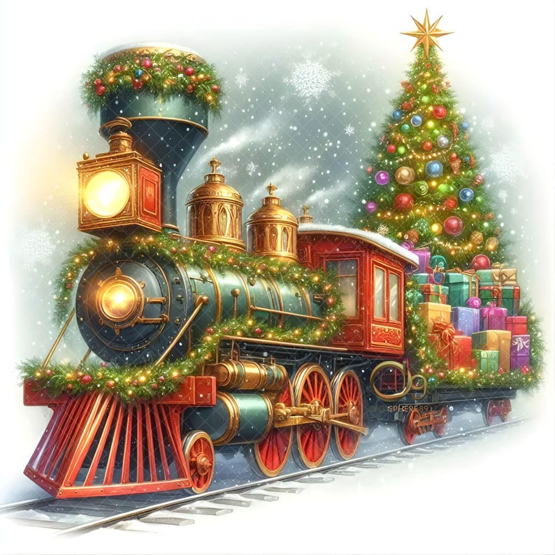 Christmas Train Clipart Set of 10 Jpgs Watercolor Winter Train Festive ...