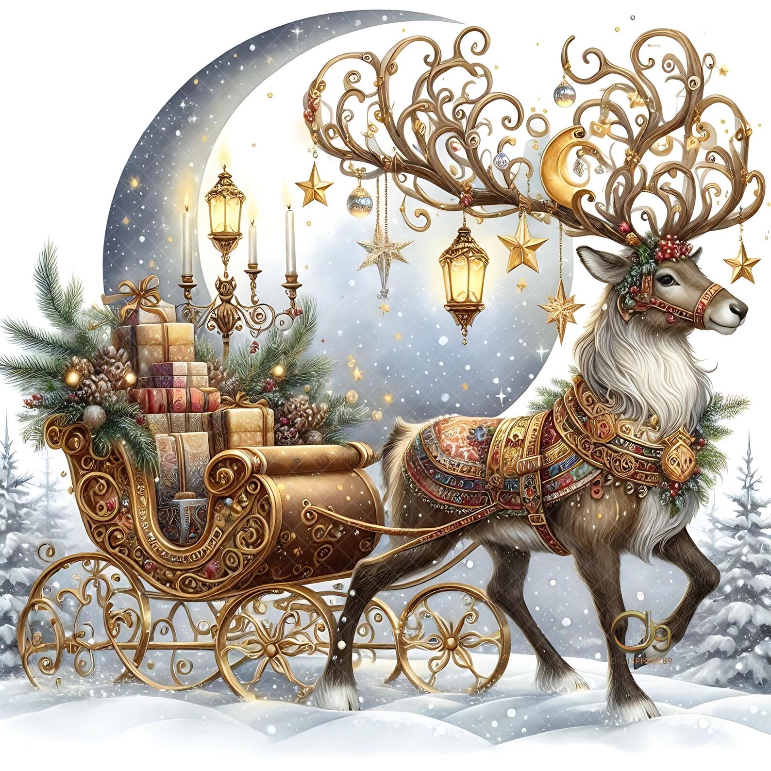 Woodland Reindeer Sleigh Clipart 10 High Res Watercolor Jpgs Christmas ...
