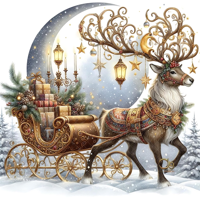 Woodland Reindeer Sleigh Clipart 10 High Res Watercolor Jpgs Christmas Animals, Christmas Cards ...