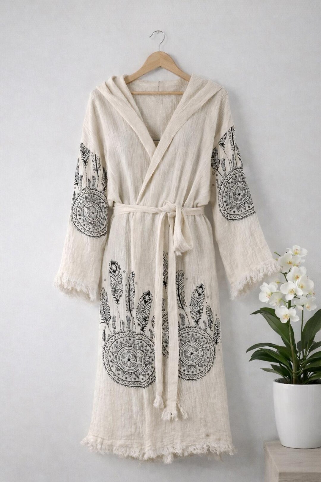 Hooded Muslin Kimono Robe, Turkish Cotton Beach Cover Up, Black Feather ...