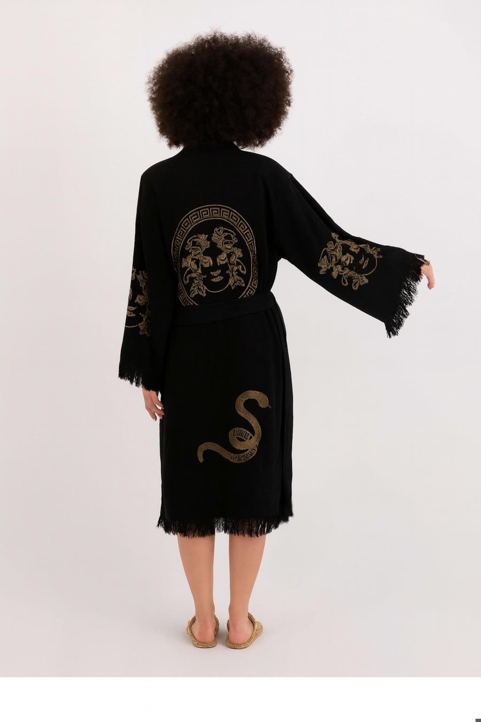 Gold Hand-painted Snake Kimono | Black Cotton Robe With Mythical Motifs ...