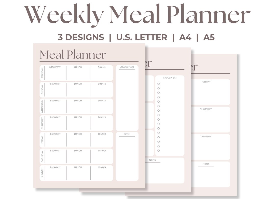 Simple Weekly Meal Planner, 6 Pages, Pink, White, Printable, Instant ...