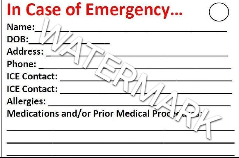 ICE Information Card - in Case of Emergency Instant Download - Etsy