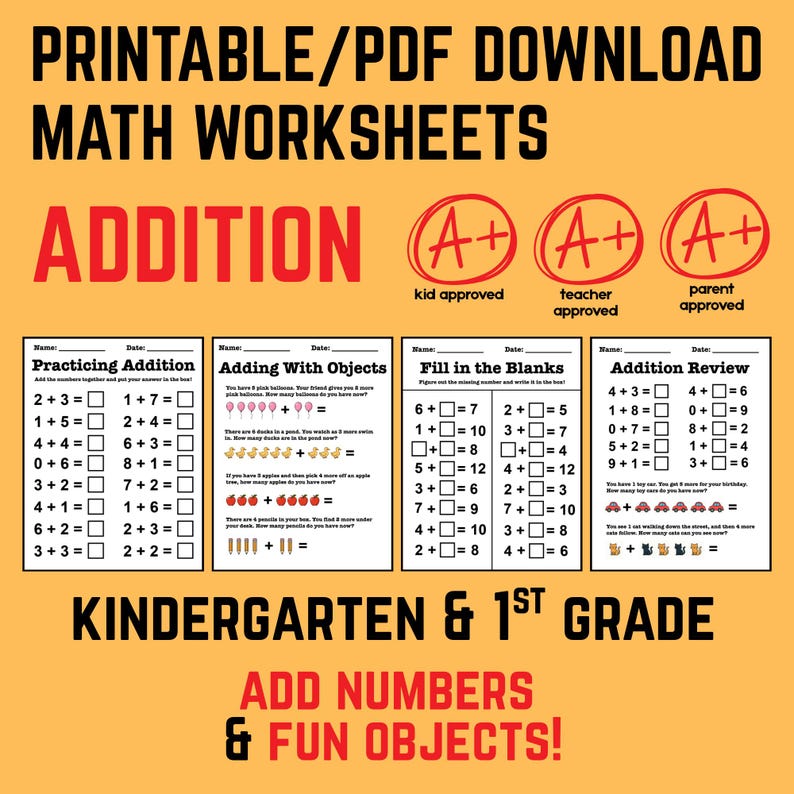 Printable Addition Worksheets for Kindergarten & 1st Grade | Classroom ...