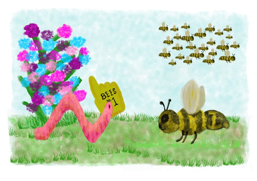 Worm Cheering on a Swarm of Bees, Digital Art, Size A4 - Etsy