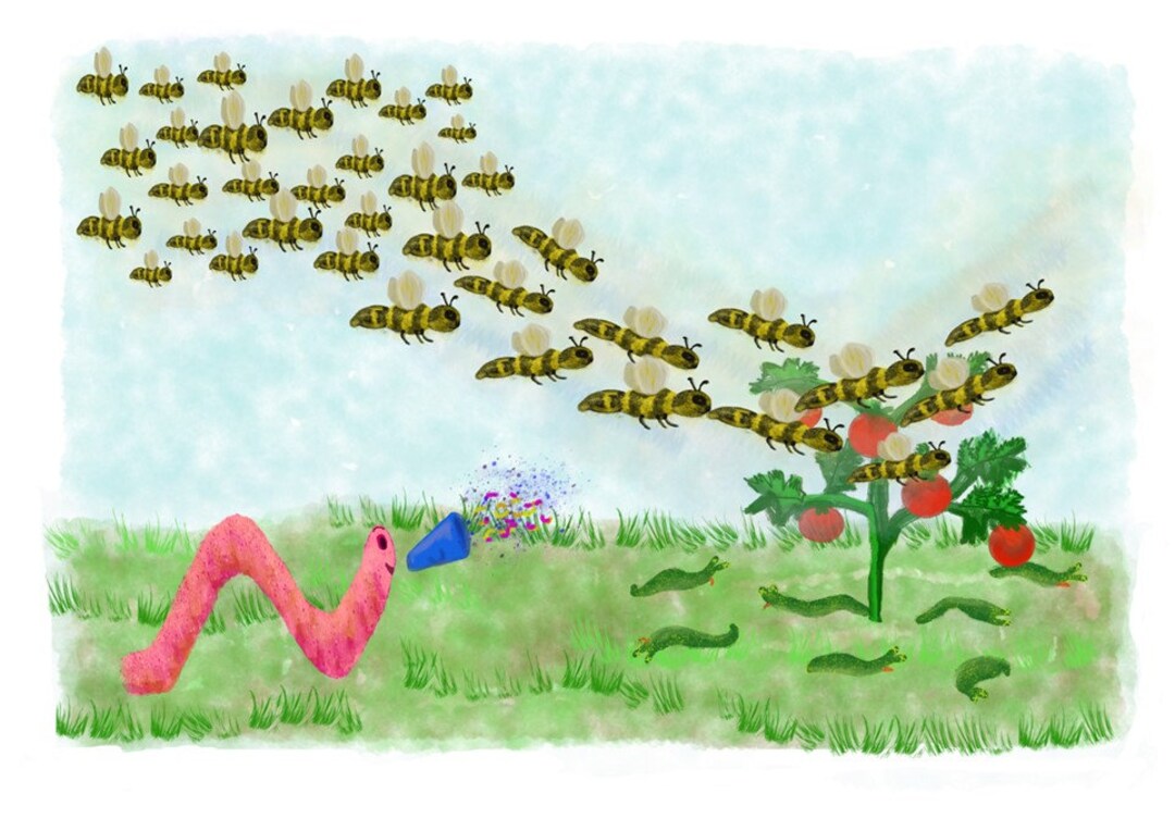 Worm Calling Out to a Swarm of Bees Over a Garden, Digital Art, Size A4 ...