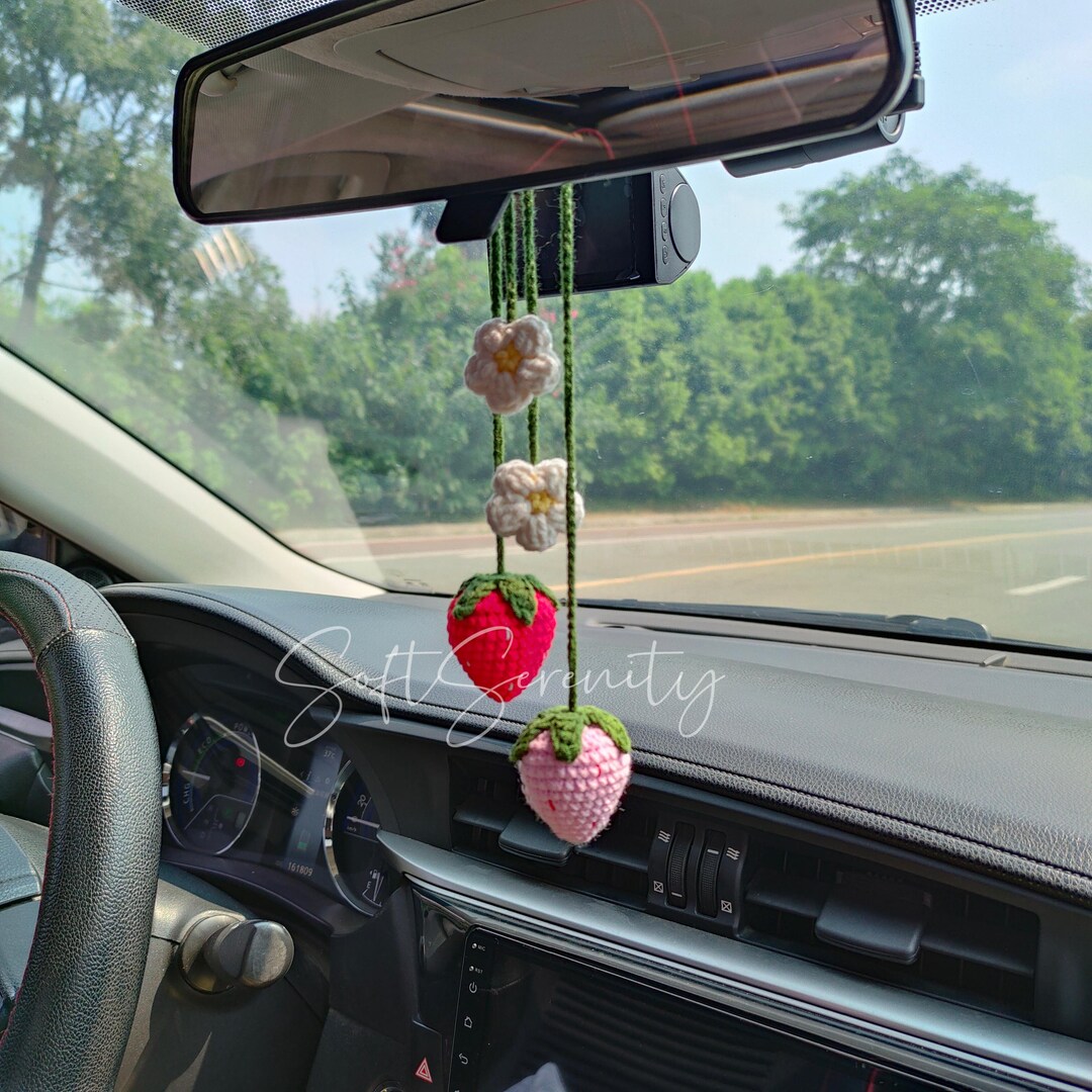 Car Mirror Hanging Accessory, Crochet Fruits, Crochet Strawberry, Car ...