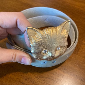 Vintage Gold Kitty Cat Belt Big Buckle 1980 80s White Gold Jeweled Eyes ...