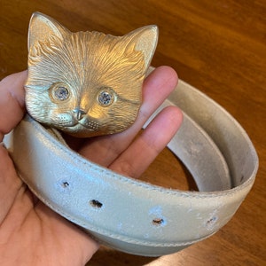 Vintage Gold Kitty Cat Belt Big Buckle 1980 80s White Gold Jeweled Eyes ...