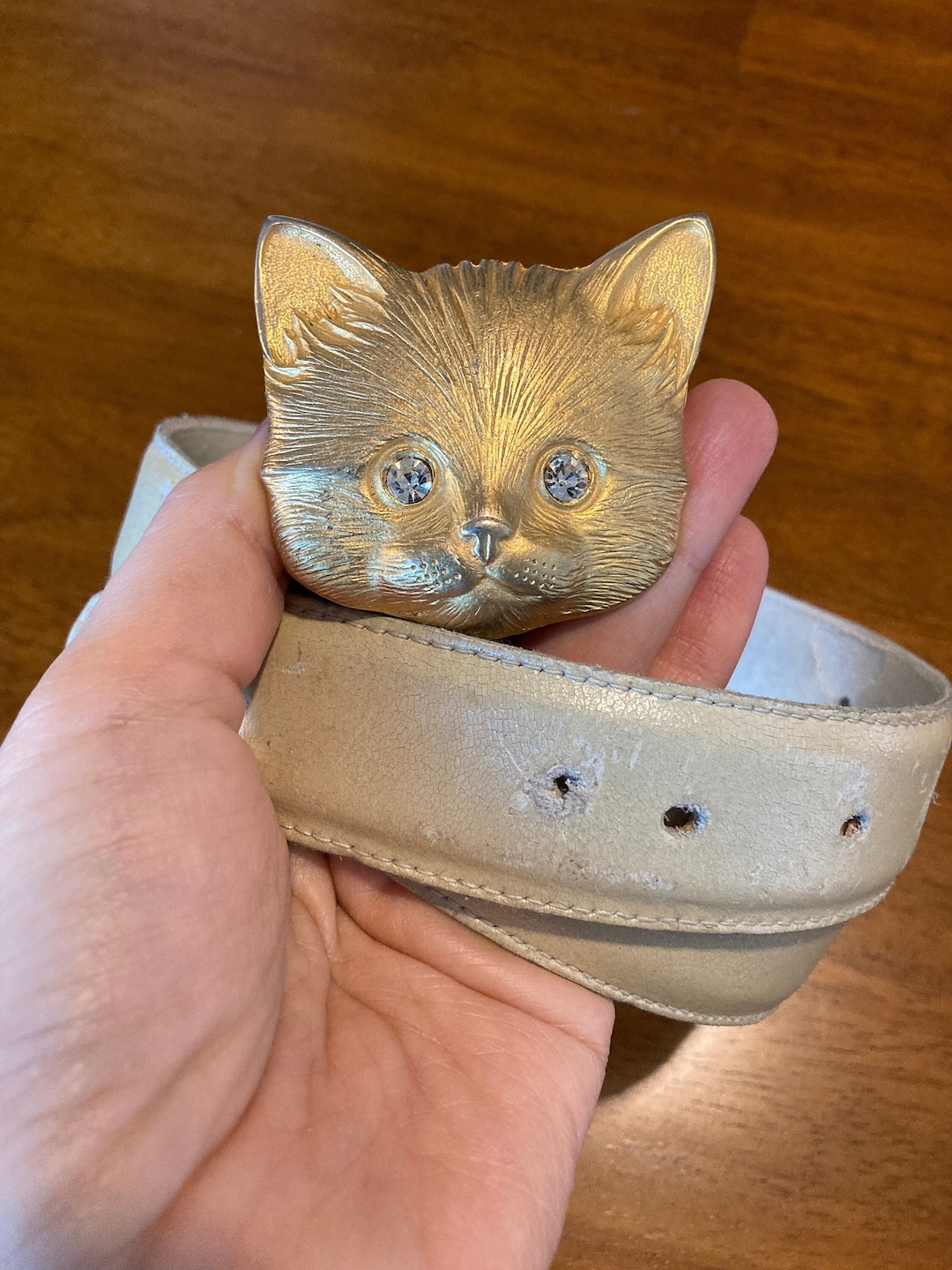 Vintage Gold Kitty Cat Belt Big Buckle 1980 80s White Gold Jeweled Eyes ...