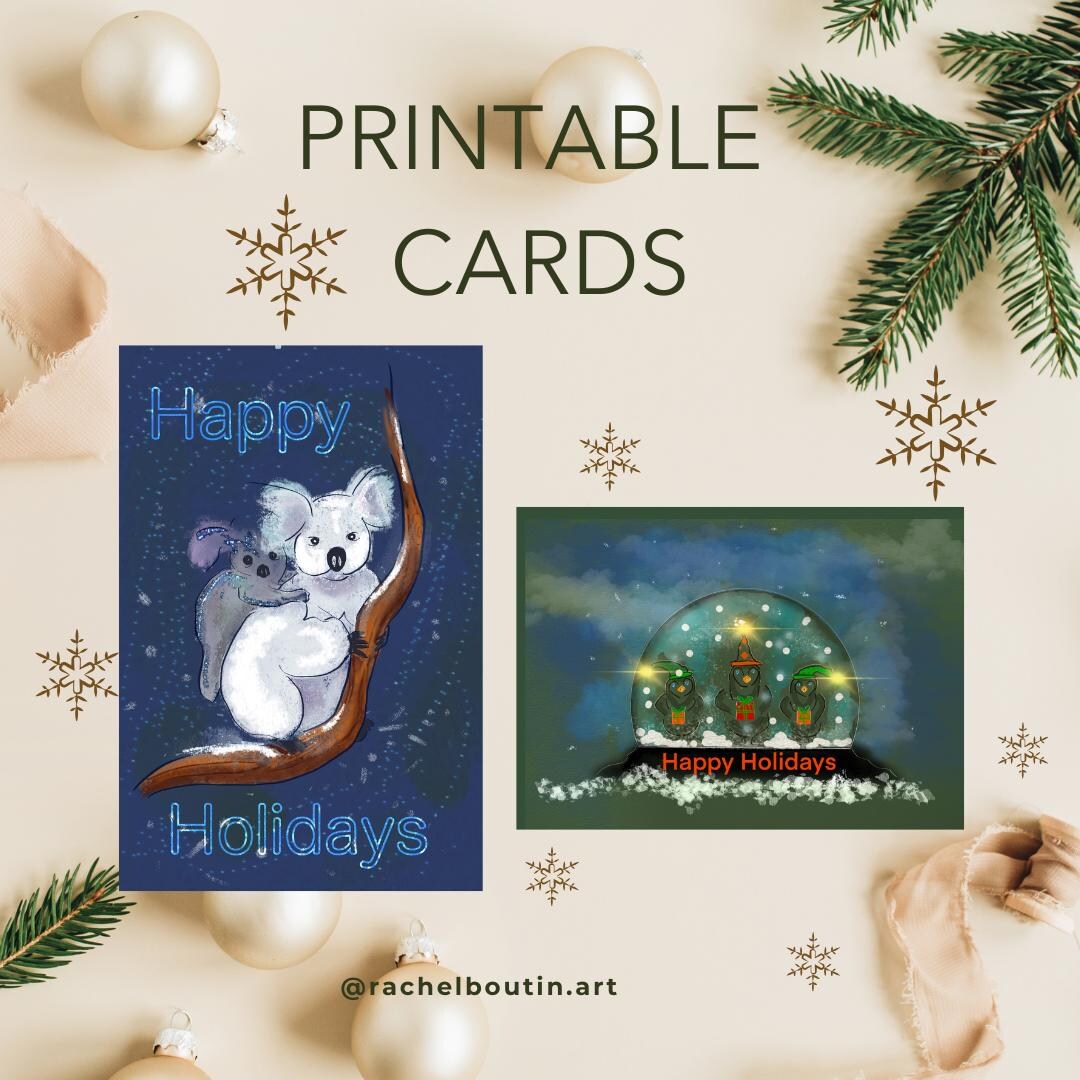 2 Templates of Original Printable Holiday Cards, Digital Greeting Cards ...