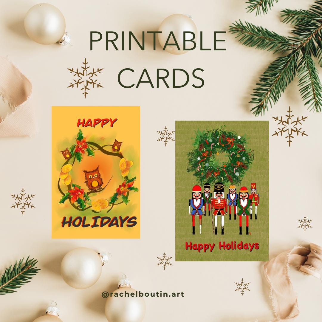 2 Templates of Original Printable Holiday Cards, Digital Greeting Cards ...