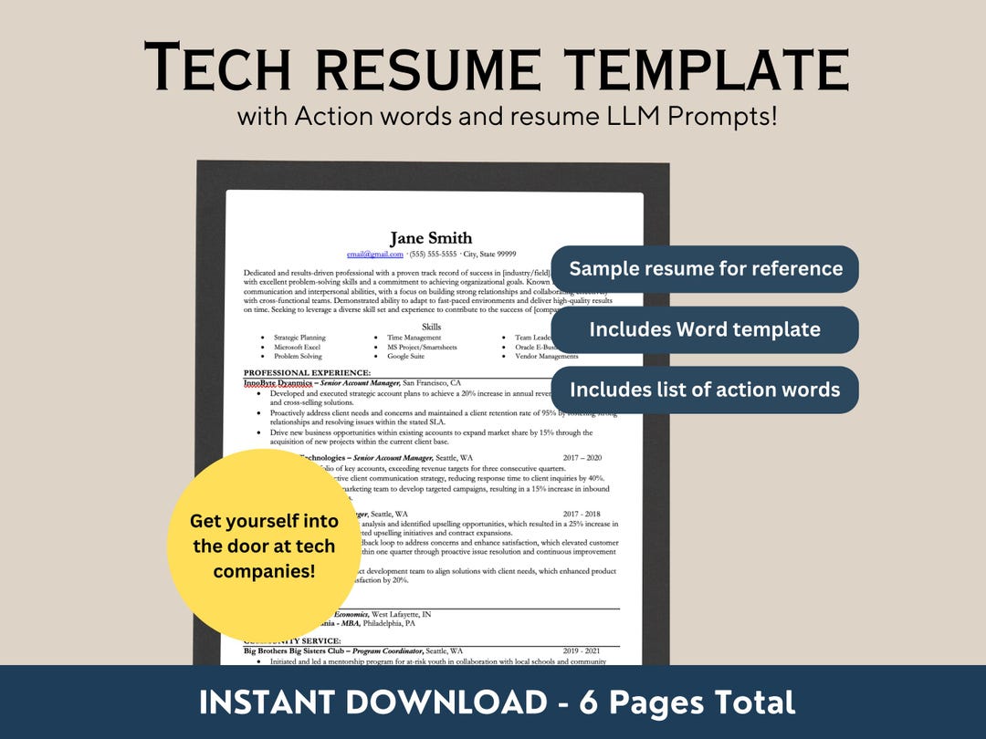 ATS Friendly Tech Resume Template, Computer Science Resume for Word ...