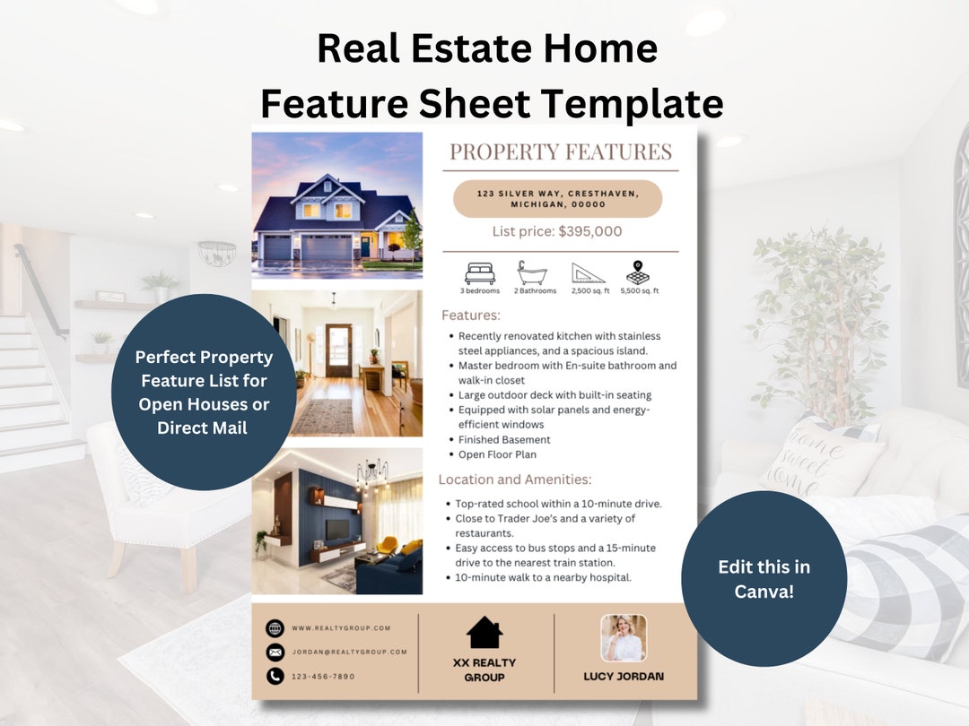 Canva Real Estate Template, Customizable Real Estate Home Feature Sheet ...