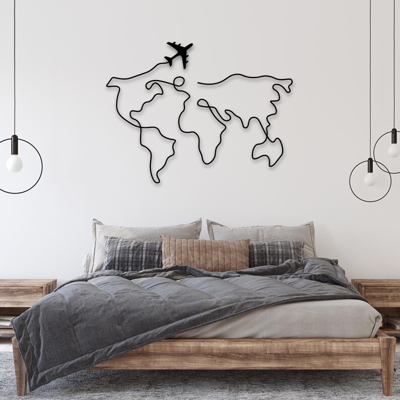 Minimalist World Map Metal Wall Art Decor | World Map With Plane ...