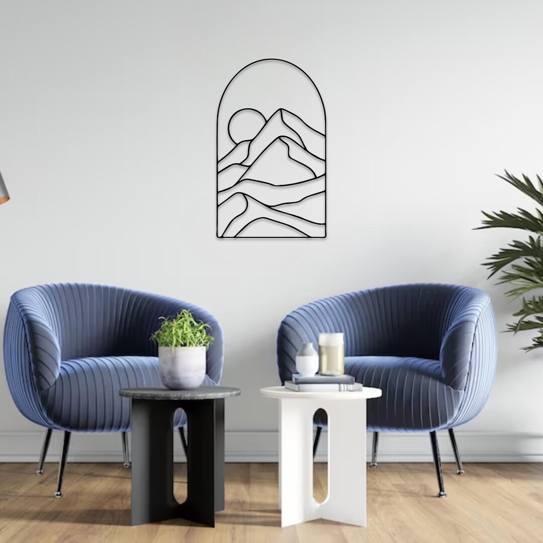 Geometric Landscape Metal Wall Art | Mountain and Sunrise Line Wall Art ...