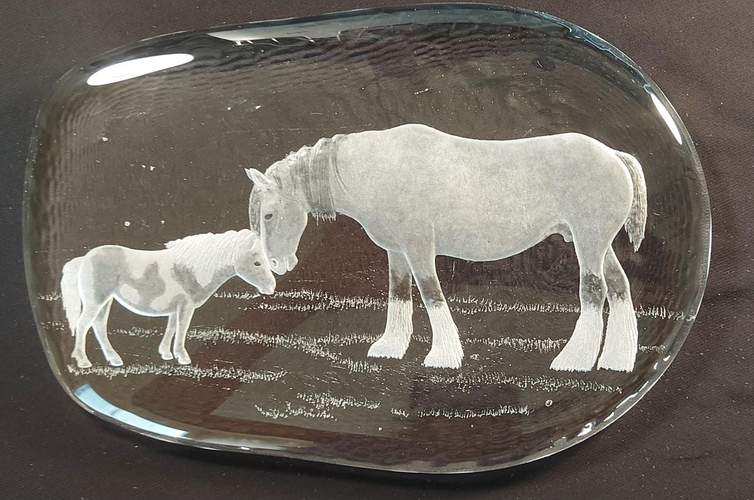 Hand Engraved Glass Puddle With Clydesdale and Pinto Pony - Etsy
