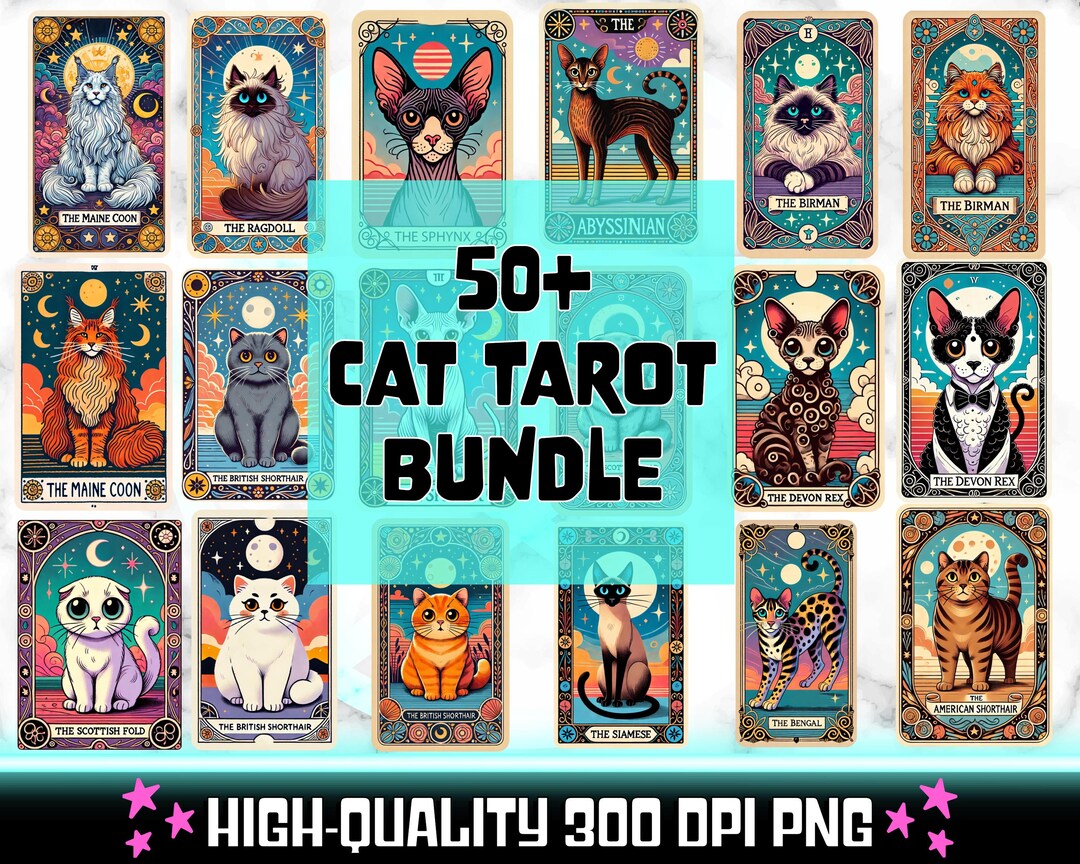 50 Cat Tarot Cards Bundle PNG, Tarot Sublimation, Card PNG, Funny Tarot ...
