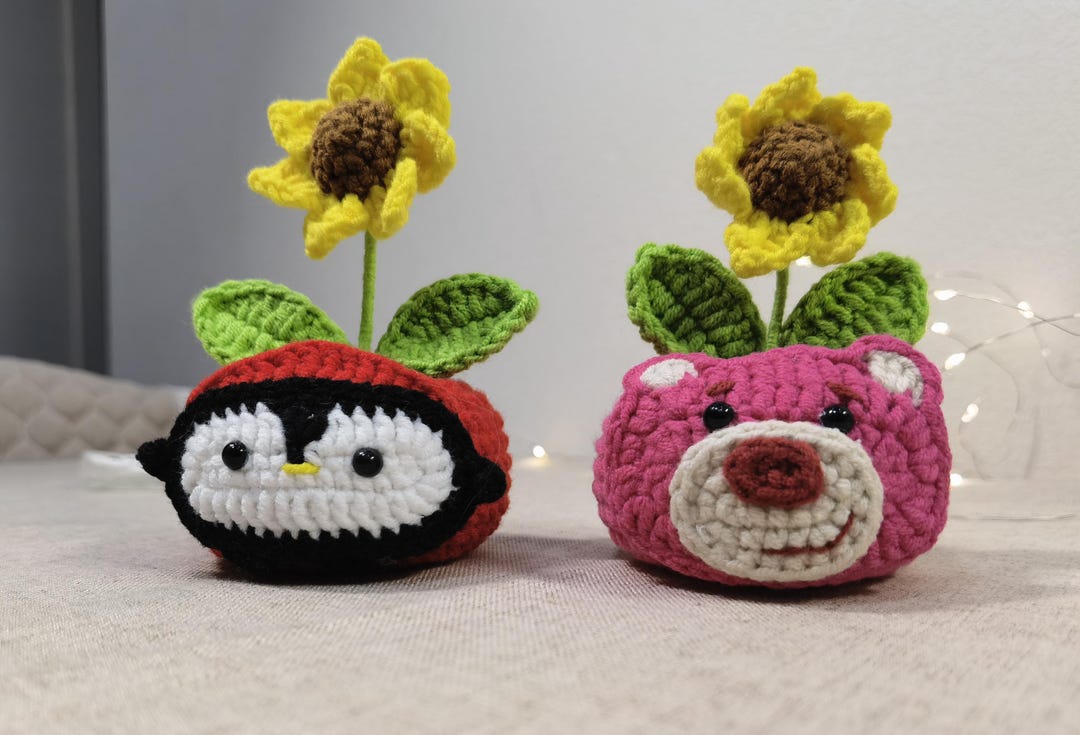Crochet Sunflowers in Penguin and Bear Pot Plushies, Housewarming,home ...