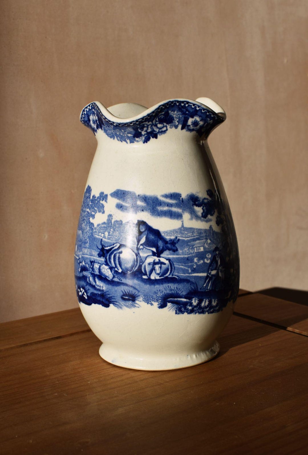 Antique Adams Ironstone Vase, Blue and White Transferware Cattle Scene ...