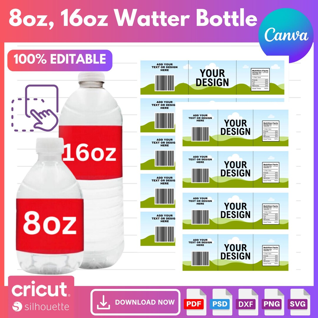 8oz, 16oz Blank Water Bottle Label Template, DIY Bottle Label, Water ...