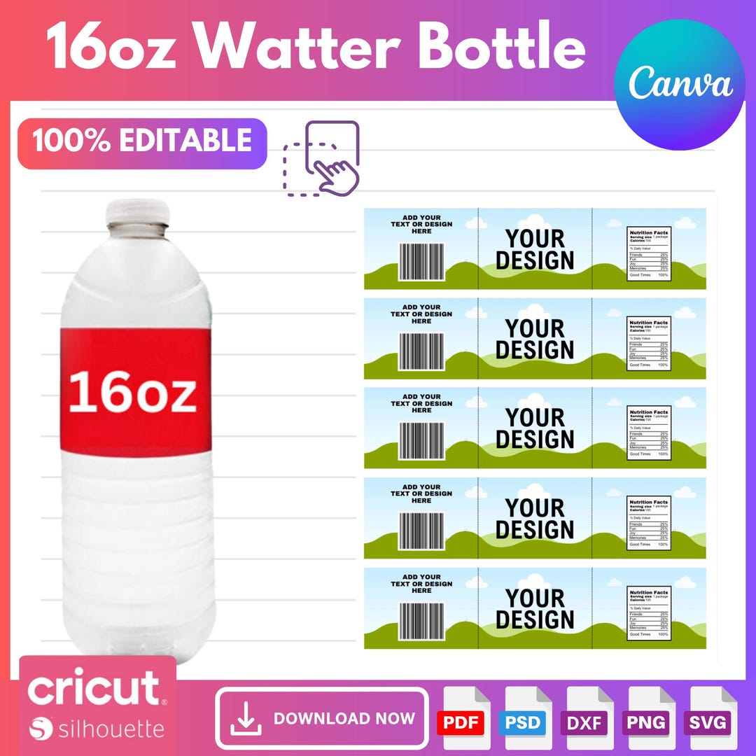 16 Oz Blank Water Bottle Label Template, DIY Bottle Label, Water Bottle ...