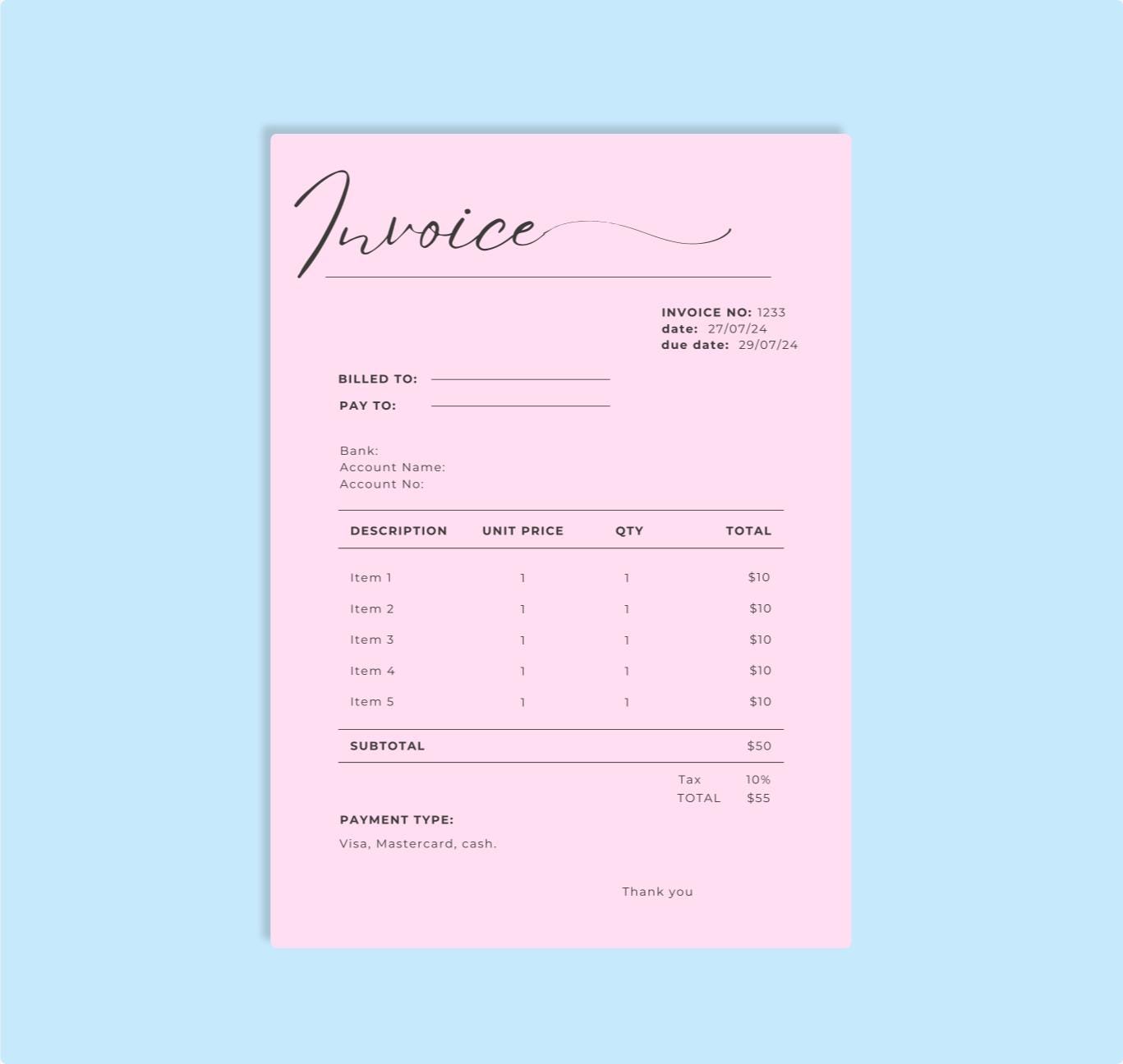 Invoice. Aesthetic Invoice Template for Small Bussinesses: for Example ...